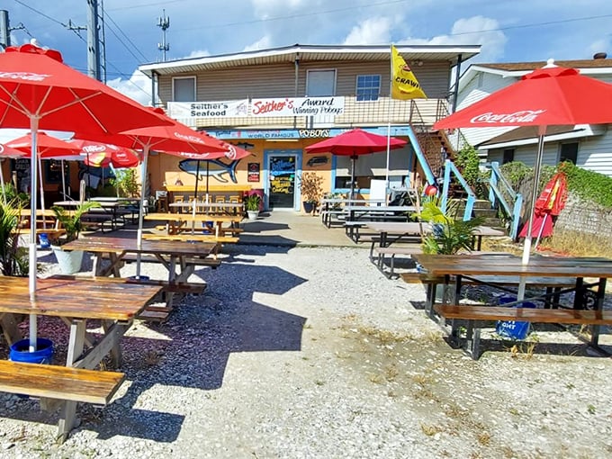 Seither's vibrant orange walls and red umbrellas are as bold as their seafood flavors &ndash; subtle isn't in their vocabulary.