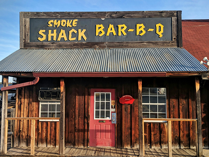 Smoke Shack embraces its rustic personality. That wooden exterior and metal roof are like a barbecue dream come true.