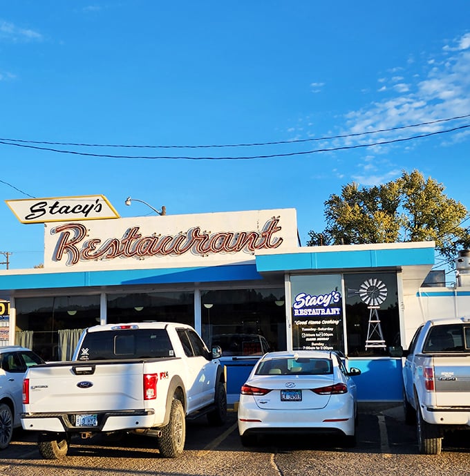 Stacy's Restaurant: That vintage sign with its windmill logo practically whispers, "Come in, the biscuits are calling your name."