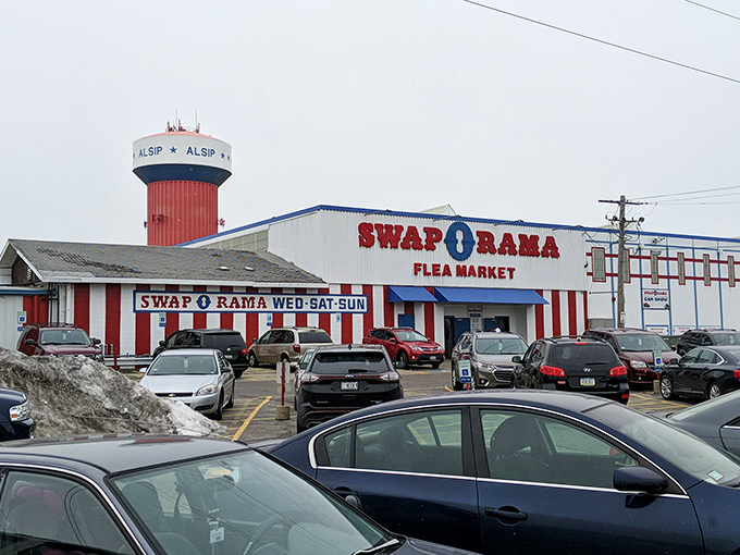 The red and white stripes of Swap-O-Rama—as American as flea markets and apple pie.