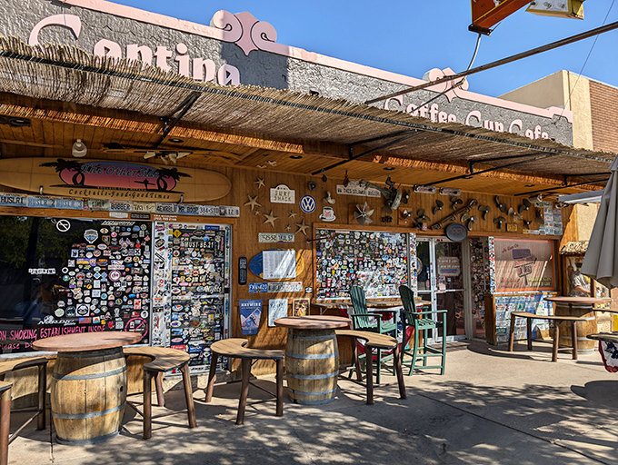 The Coffee Cup (Exterior): Sticker paradise! This personality-packed fa&ccedil;ade hints at the character-filled breakfast adventure waiting inside.
