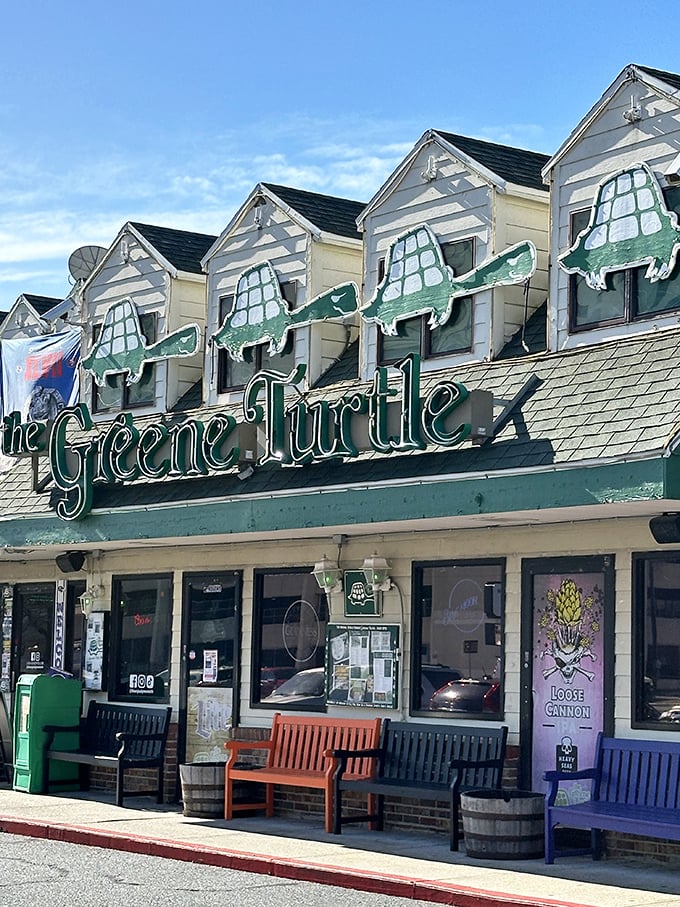 The Greene Turtle's whimsical roofline adorned with its namesake creatures signals a laid-back Ocean City tradition where burgers reign supreme.