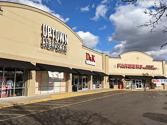 Uptown Cheapskate nestles between retail neighbors, offering fashion salvation for the budget-conscious shopper.