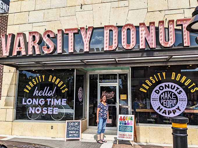 Varsity Donuts' retro signage glows with promise, like the dessert version of a classic drive-in movie theater. Pure nostalgic delight!