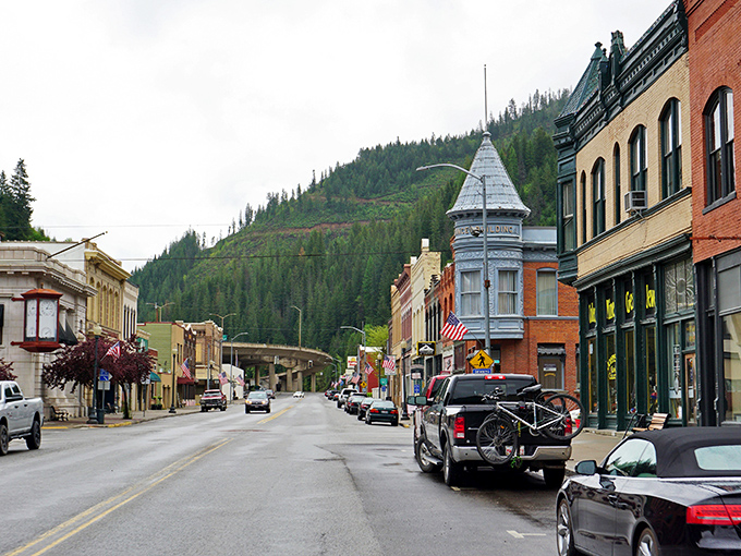 Wallace's historic brick buildings tell stories of silver fortunes and frontier grit, all while mountains keep watch from every angle.