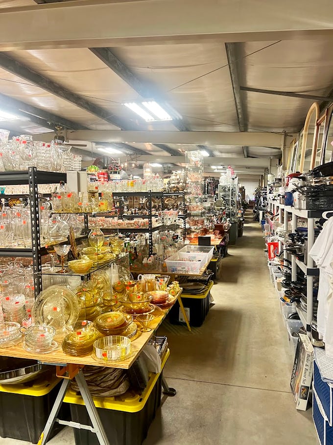 Amber-colored glassware glows like honey in the indoor market. Every aisle promises nostalgic discoveries from decades past.