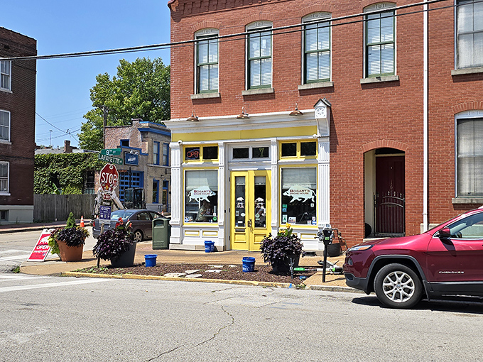 Historic brick meets bright yellow trim at Bogart's. Like finding an artisanal smoke palace in a storybook setting.