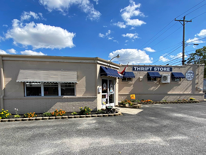 Blue awnings and bright flowers welcome you to a thrift experience that's more boutique than bargain bin.