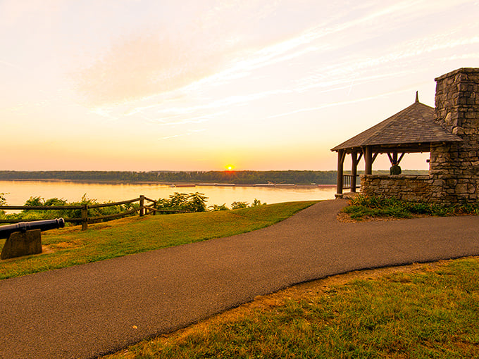Golden hour at Columbus-Belmont Park paints the sky in watercolor hues as history whispers from every corner.