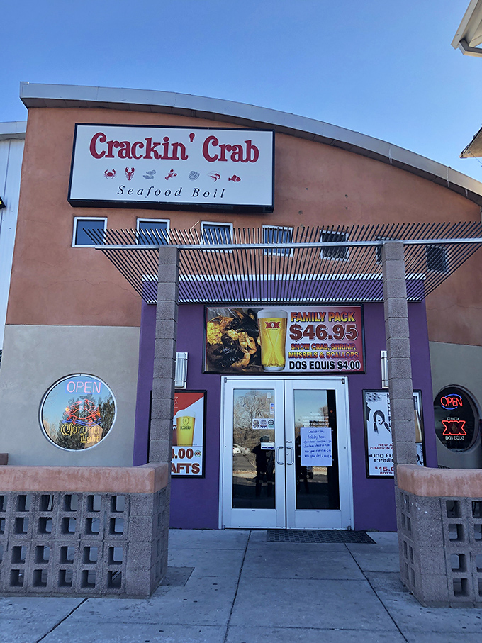 The family pack advertised outside Crackin' Crab is like a treasure chest of oceanic delights. Bring friends or prepare for leftovers!