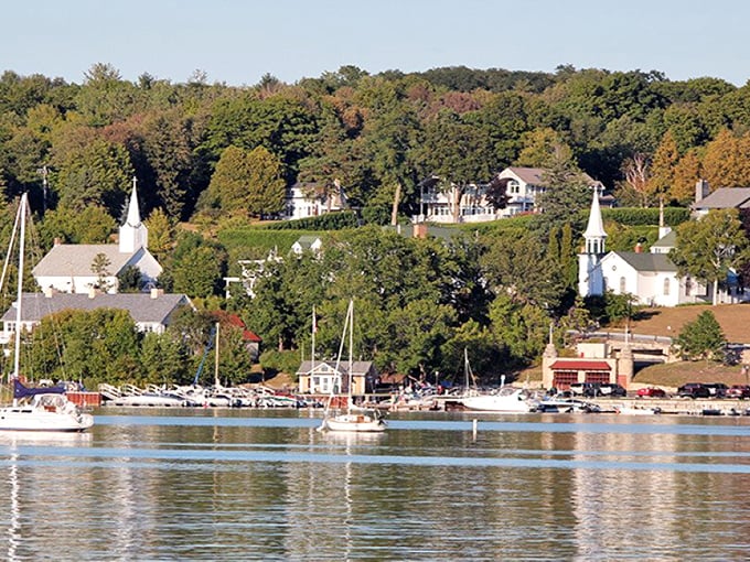 The white church steeples of Ephraim stand sentinel over the harbor, where boats bob like bathtub toys on Green Bay.