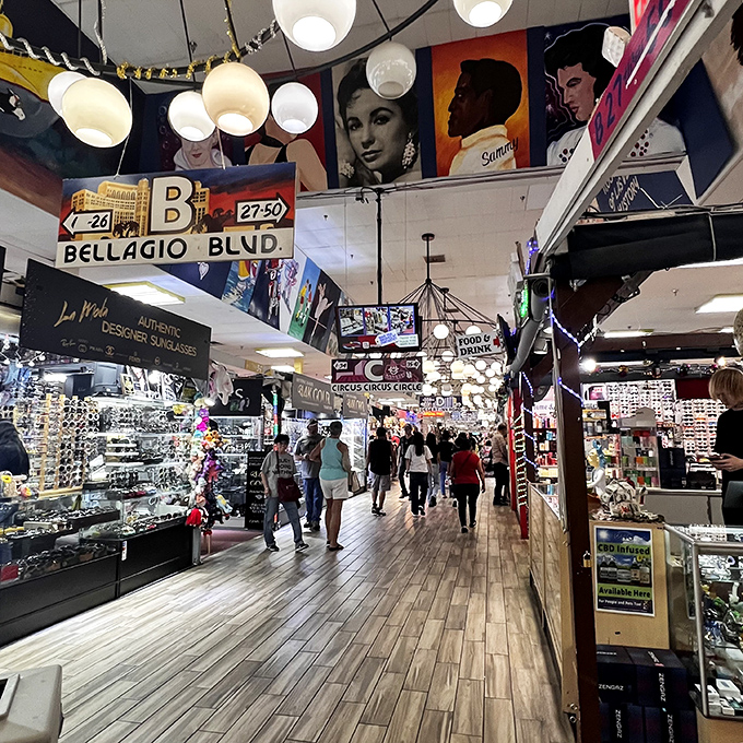 Shoppers stroll through time-capsule corridors where vintage Hollywood glamour meets modern bargain hunting.