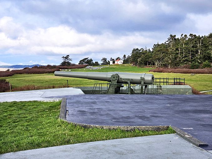 Massive coastal defense guns standing silent watch, where military history meets postcard-perfect Puget Sound panoramas.