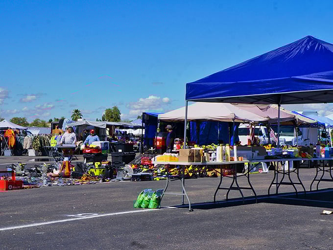 The SWAP MEET sign promises adventure. In the desert heat, these three syllables spell "retail therapy" for bargain hunters.