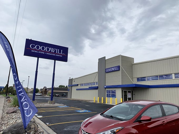 Like a blue-and-white lighthouse guiding ships to shore, this Goodwill guides savvy shoppers to secondhand gold.