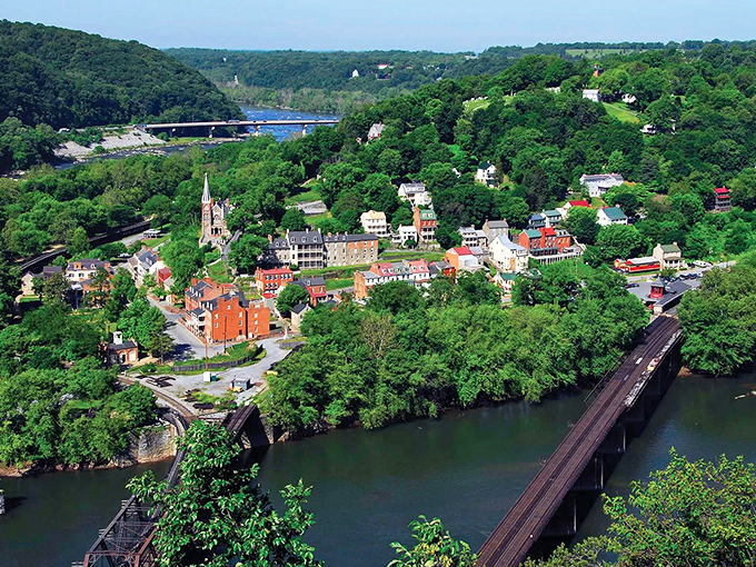Harpers Ferry: Red roofs and historic stone buildings nestled between mountains&mdash;like stepping into a living watercolor.