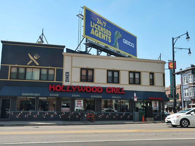 Daylight reveals Hollywood Grill's classic diner charm. Breakfast served all day because time is just a concept.