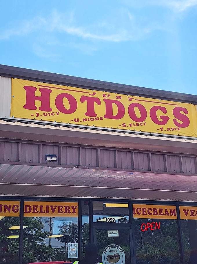 A humble storefront with ambitious flavors. Just Dogs ATL brings regional favorites together under one roof like a United Nations of encased meats.
