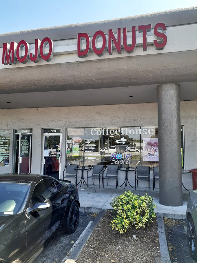 Behind this unassuming window lies donut magic that would make Willy Wonka jealous. Mojo's modest exterior is just a clever disguise.