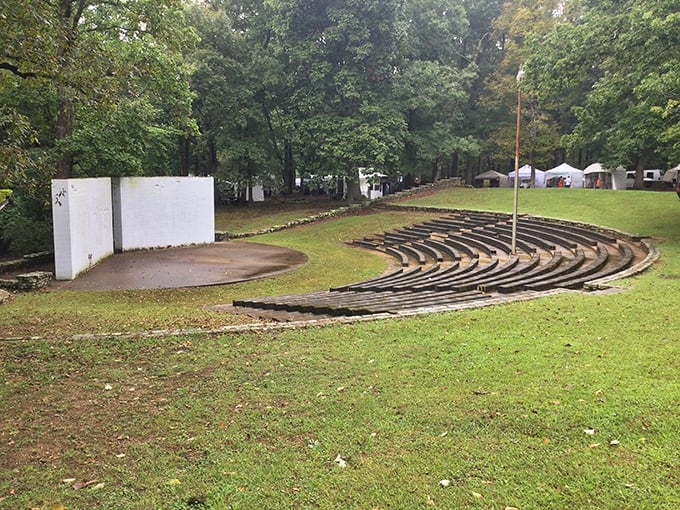 The park's amphitheater sits ready for performances, though the surrounding forest puts on the best show.