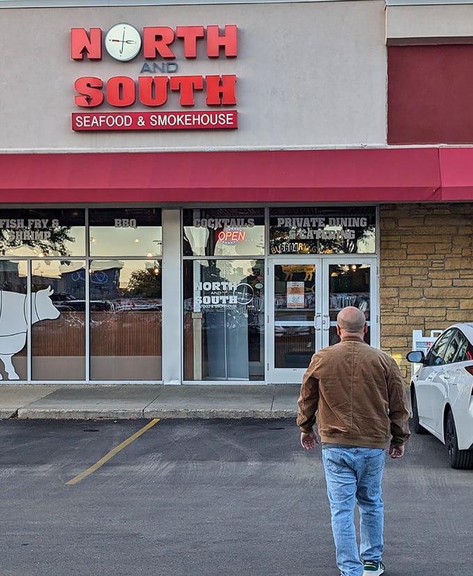 North and South: Where BBQ meets seafood in perfect harmony. That "OPEN" sign might be the most beautiful three letters in the English language.