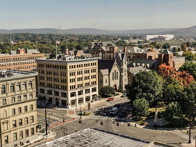 The aerial view of downtown Pittsfield shows why the Berkshires charm visitors - history and nature wrapped in one affordable package.