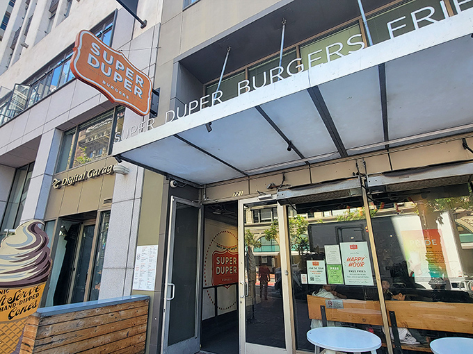 Super Duper's retro-modern aesthetic perfectly matches its philosophy: classic burgers made with contemporary values. That orange sign is basically a beacon of burger hope.