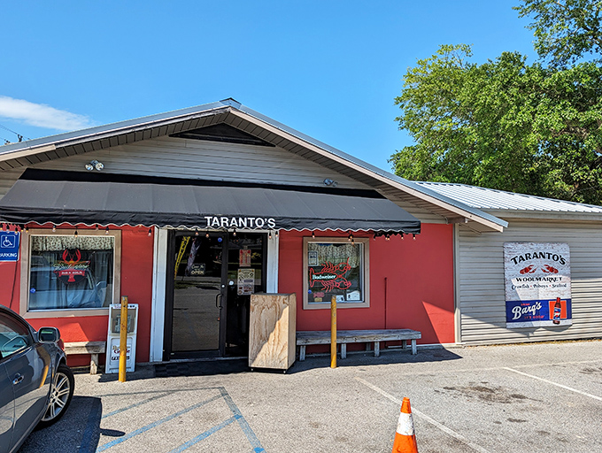 The simple sign at Taranto's promises crawfish glory - proof that the best seafood often comes in unassuming packages. 