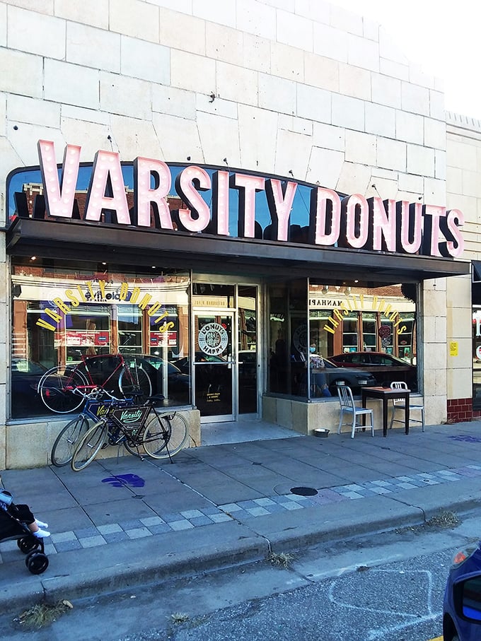 Vintage vibes and bicycle parking outside Varsity Donuts&mdash;the Breakfast Club for the cool kids who prefer pastries to detention.