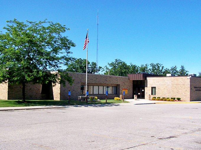 This unassuming government building in White Cloud represents the town's practical approach &ndash; no frills, no fuss, just affordable living.