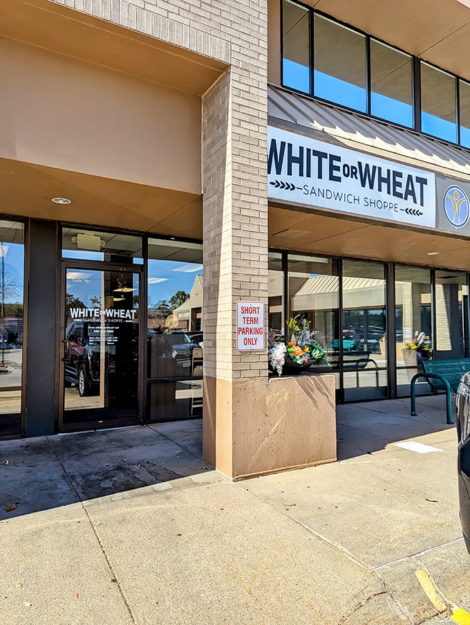 Sunshine bounces off White Or Wheat's clean facade &ndash; nature's spotlight on one of Nebraska's sandwich treasures.