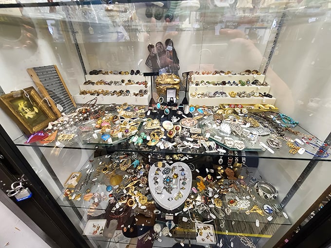 A jewelry case that puts modern bling to shame. Each piece carries whispers of proms, anniversaries, and special occasions long past.