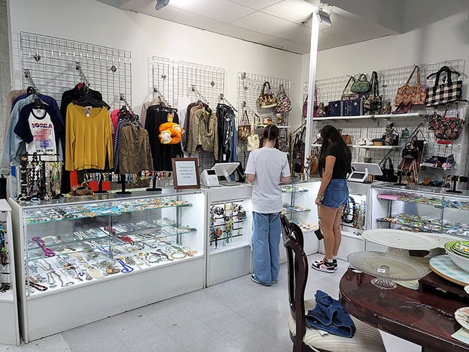 The accessories section: where someone's forgotten jewelry box contents await their second act in your wardrobe's ongoing production.