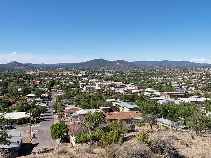 From this vantage point, Silver City reveals itself as a patchwork quilt of adobe, greenery, and history, nestled against mountains that change color hourly.