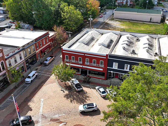 Bird's eye view of downtown reveals Abbeville's secret superpower: a perfectly preserved town square that makes urban planners weep with joy.