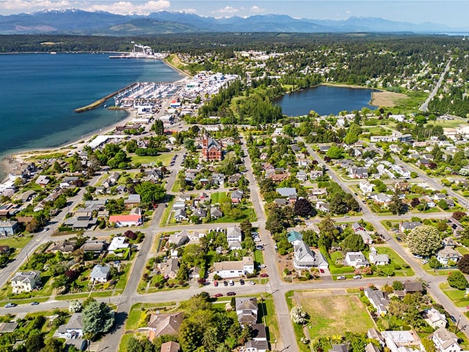 From above, Port Townsend reveals its perfect peninsula positioning&mdash;Victorian homes nestled between two bodies of water like a town that can't decide which view it prefers.