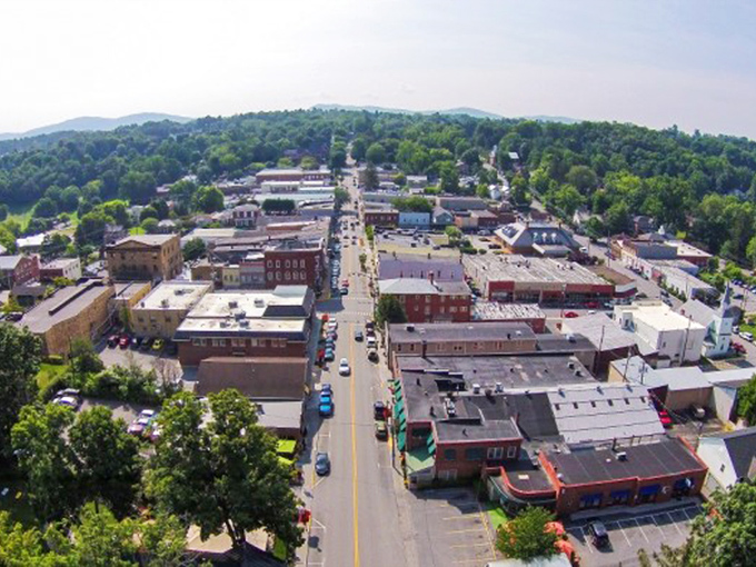 From above, Lewisburg reveals its perfect small-town geometry&mdash;a main street that cuts through history like a timeline you can actually walk.