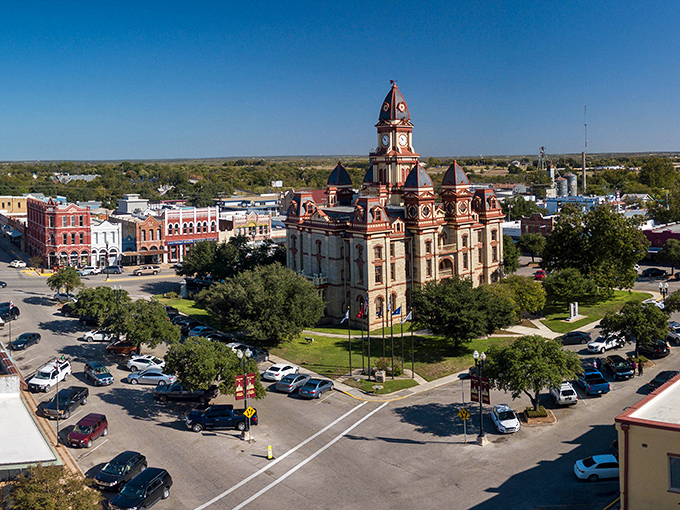From above, Lockhart's courthouse square resembles a perfectly arranged film set, with the magnificent courthouse standing center stage in this real-life production.