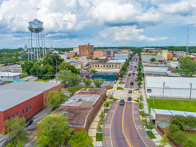 From above, Thomasville reveals its perfect small-town layout&mdash;orderly streets, historic buildings, and that iconic water tower standing sentinel.
