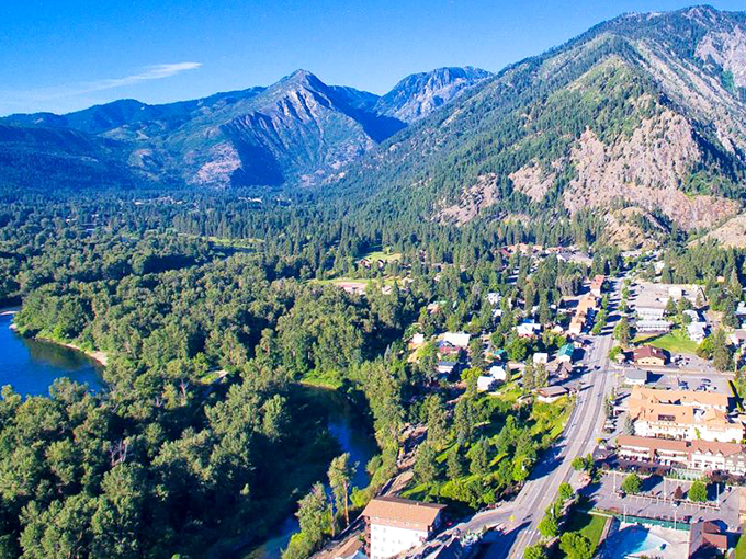 From above, Leavenworth reveals its perfect positioning&mdash;nestled between mountains and river, like nature designed a pocket specifically for this Alpine village.