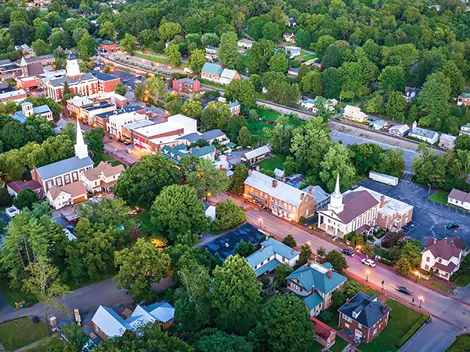 Bird's eye bliss! From above, Jonesborough reveals itself as a perfect patchwork of historic buildings, church spires, and verdant trees.