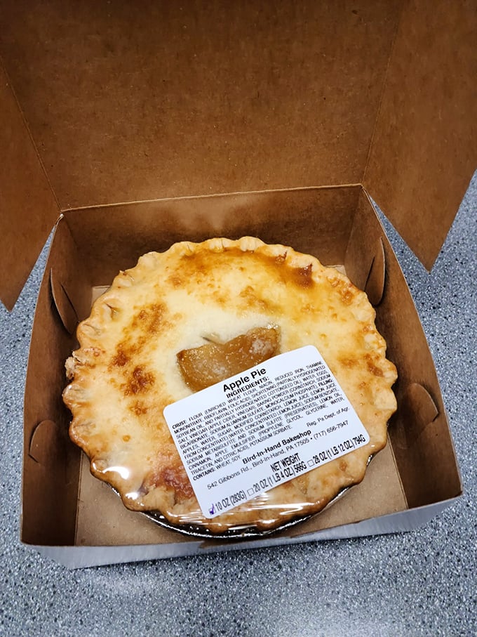 The humble apple pie, boxed and ready for its forever home in my stomach. That golden-brown crust practically whispers, "Take me home."