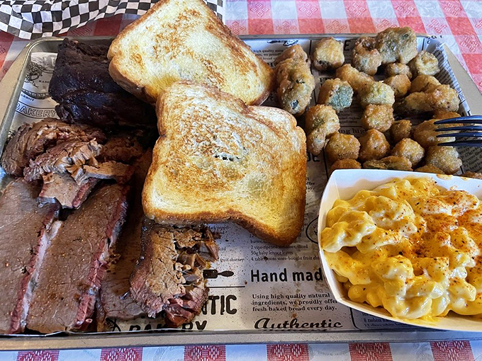 When the brisket, toast, and mac and cheese arrive on butcher paper, you know you're not in some fancy-pants restaurant. Thank goodness.