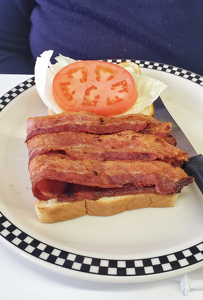 The BLT deconstructed is a symphony of simplicity: perfectly crisped bacon, garden-fresh lettuce, and a tomato slice that actually tastes like summer.