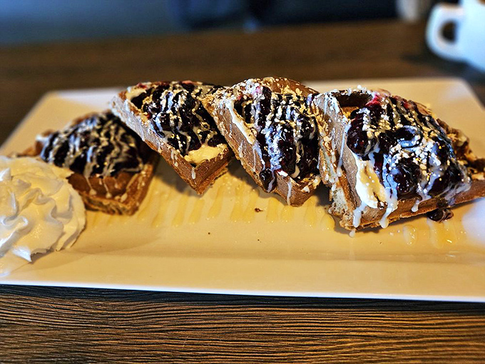 Chocolate drizzles dance across these waffles like Jackson Pollock decided to get into the dessert business. Sweet, artistic, and utterly irresistible.