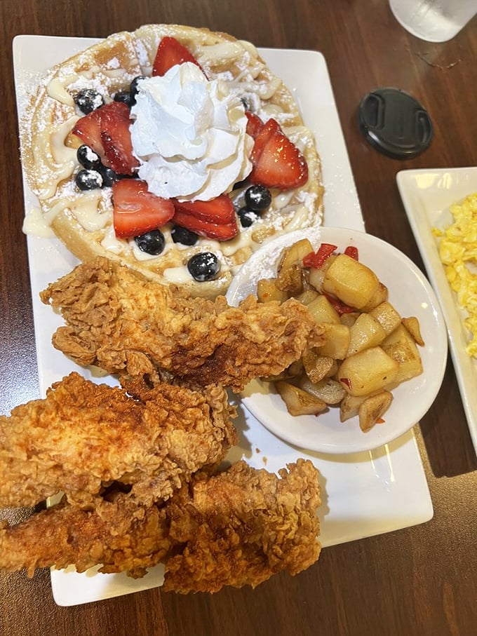 Nature's candy meets golden waffle perfection. Fresh berries and whipped cream transform breakfast into an event worth getting out of bed for. 