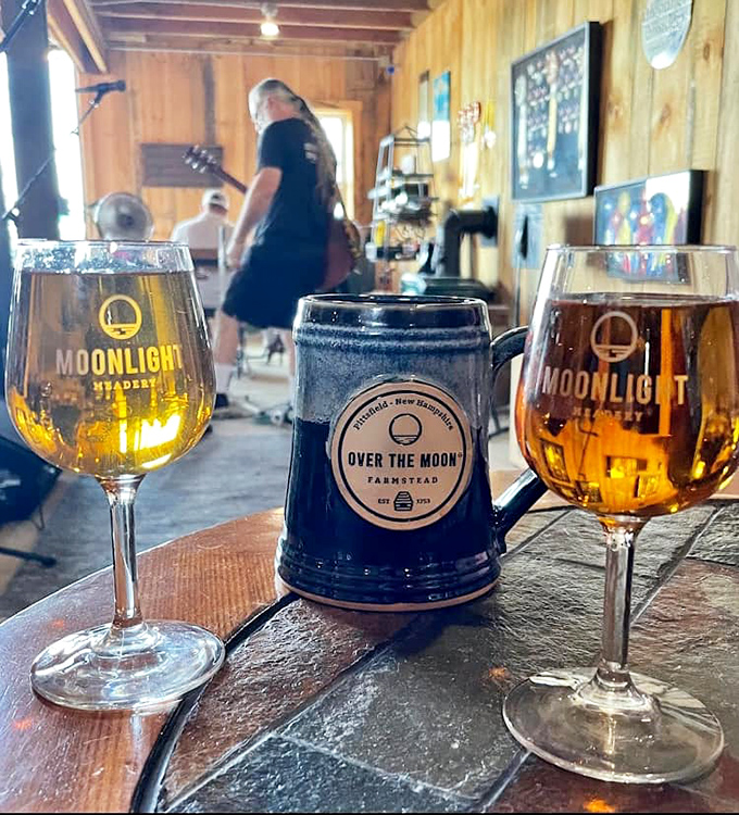 The holy trinity: golden mead in wine glasses flanking that coveted blue mug. Moonlight Meadery meets Over The Moon magic&mdash;a match made in New Hampshire heaven.
