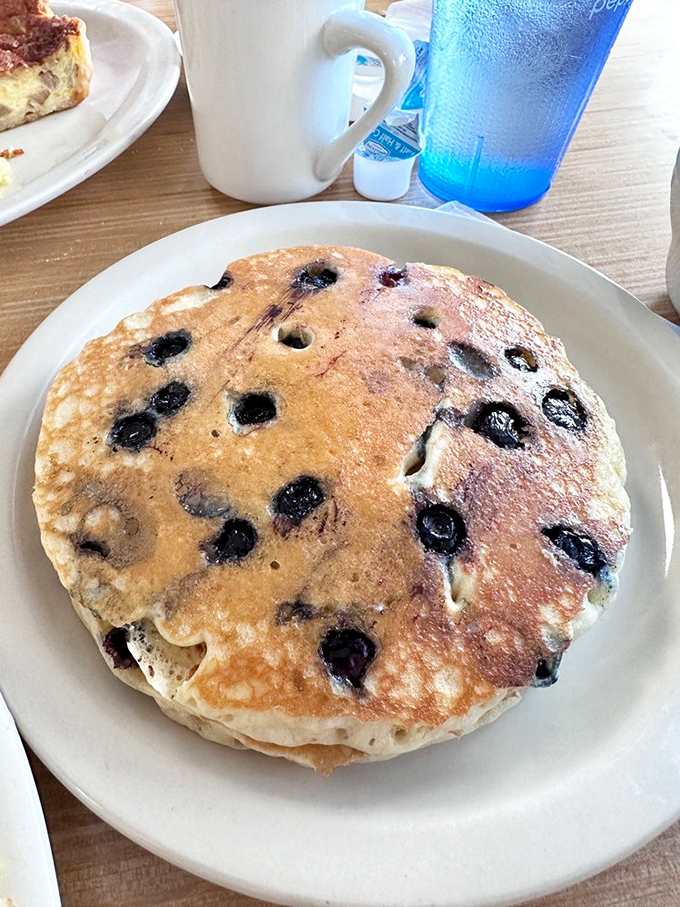 Blueberry pancakes so packed with berries, they look like a delicious connect-the-dots puzzle waiting to be solved with maple syrup.