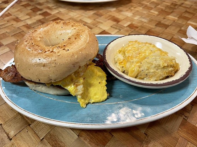 The breakfast sandwich on a freshly baked bagel with a side of creamy grits proves that mornings in Oklahoma can rival those in Manhattan.