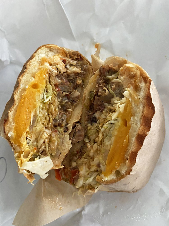 The brisket sandwich reveals its soul&mdash;tender meat, melted cheese, and the perfect ratio of fillings to bread. This is sandwich engineering at its finest.